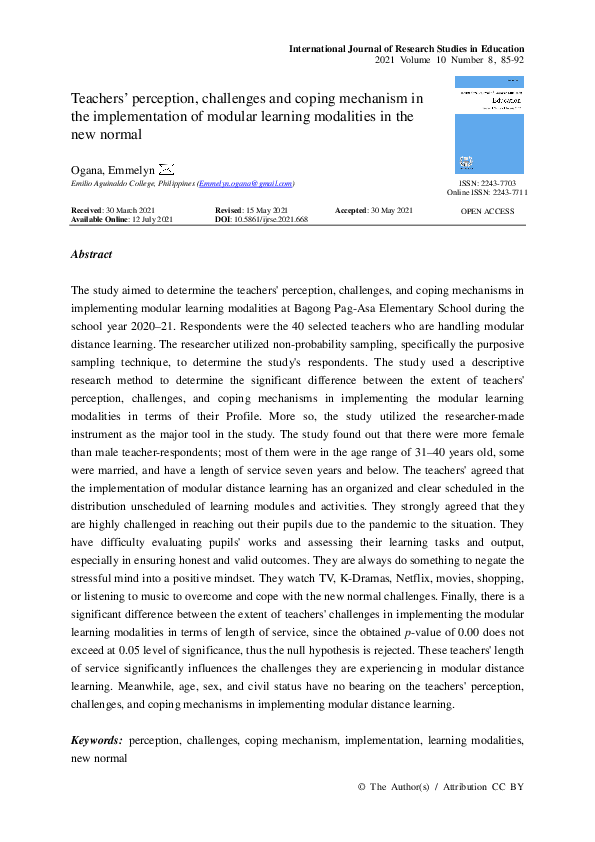 (PDF) Teachers’ perception, challenges and coping mechanism in the implementation of modular ...