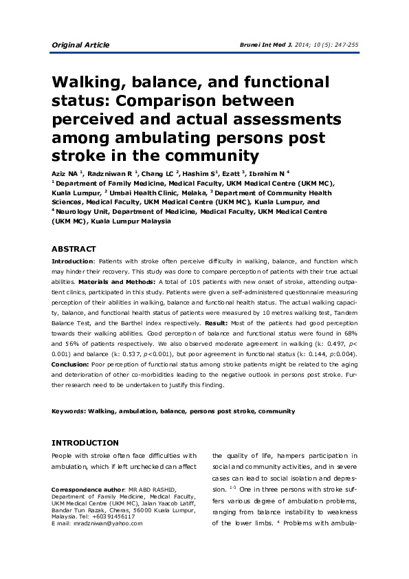 (PDF) Walking, balance, and functional status: Comparison between ...