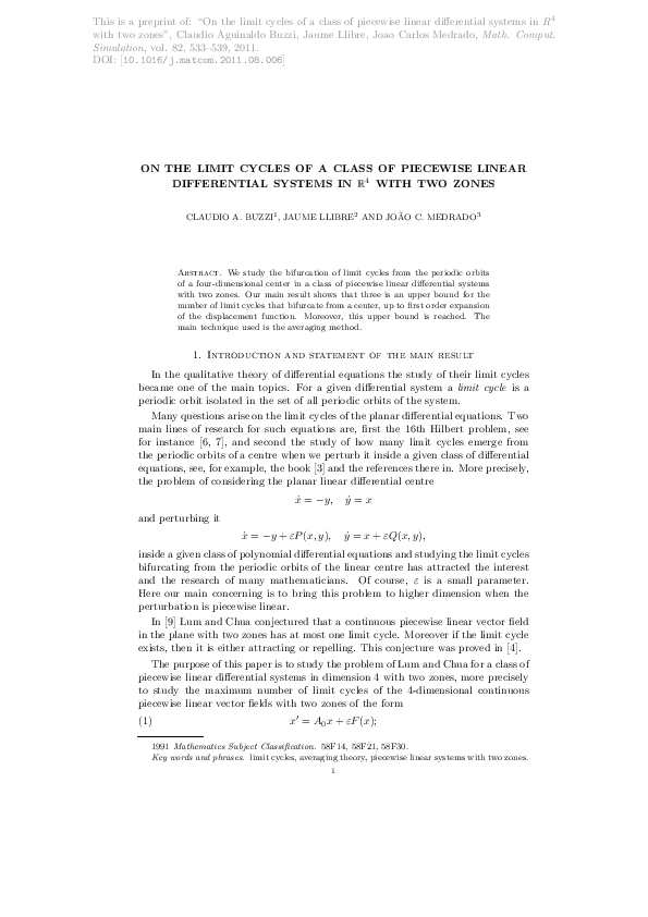 (PDF) On the limit cycles of a class of piecewise linear differential systems in with two zones