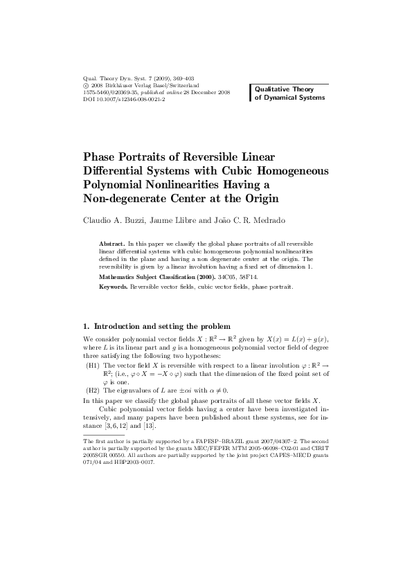 Pdf Phase Portraits Of Reversible Linear Differential Systems With Cubic Homogeneous