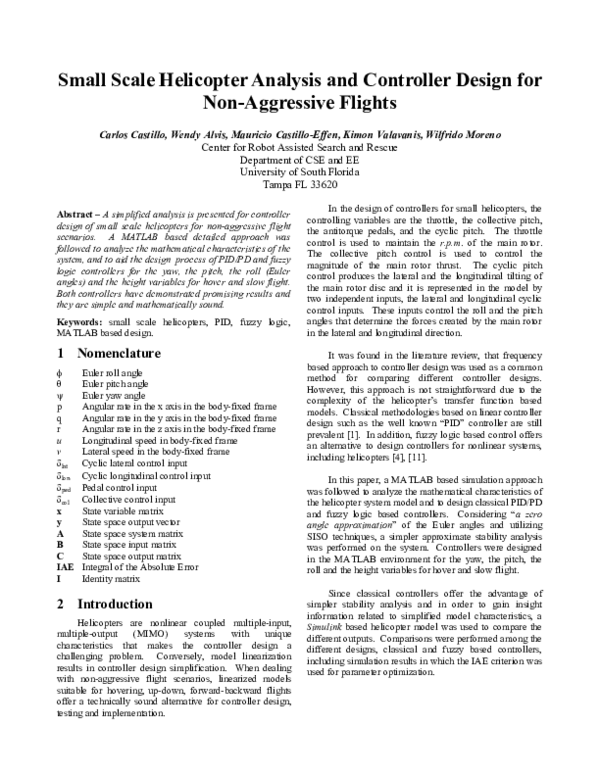 (PDF) Small Scale Helicopter Analysis and Controller Design for Non-Aggressive Flights
