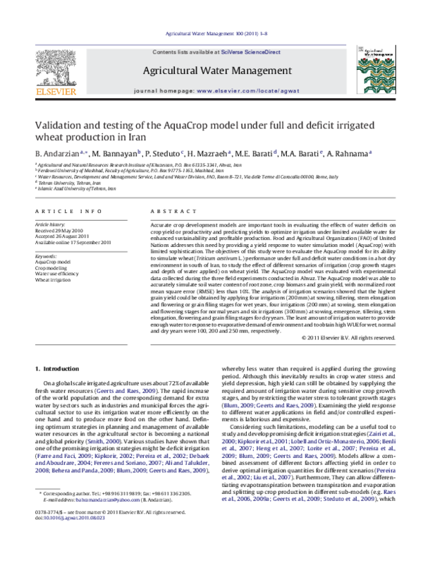 (PDF) Validation and testing of the AquaCrop model under full and ...