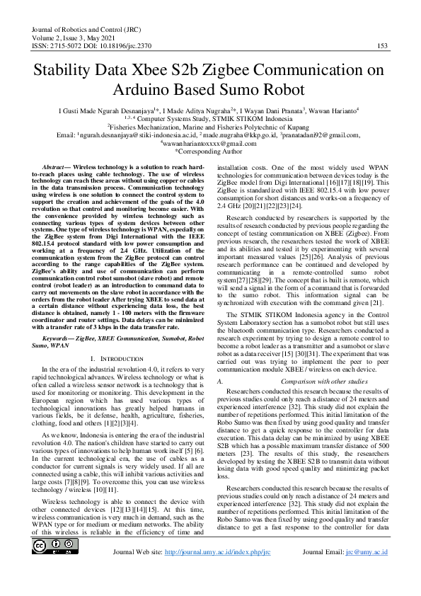 (PDF) Stability Data Xbee S2b Zigbee Communication on Arduino Based Sumo Robot