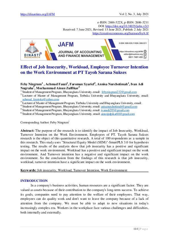 (PDF) Effect of Job Insecurity, Workload, Employee Turnover Intention on the Work Environment at ...
