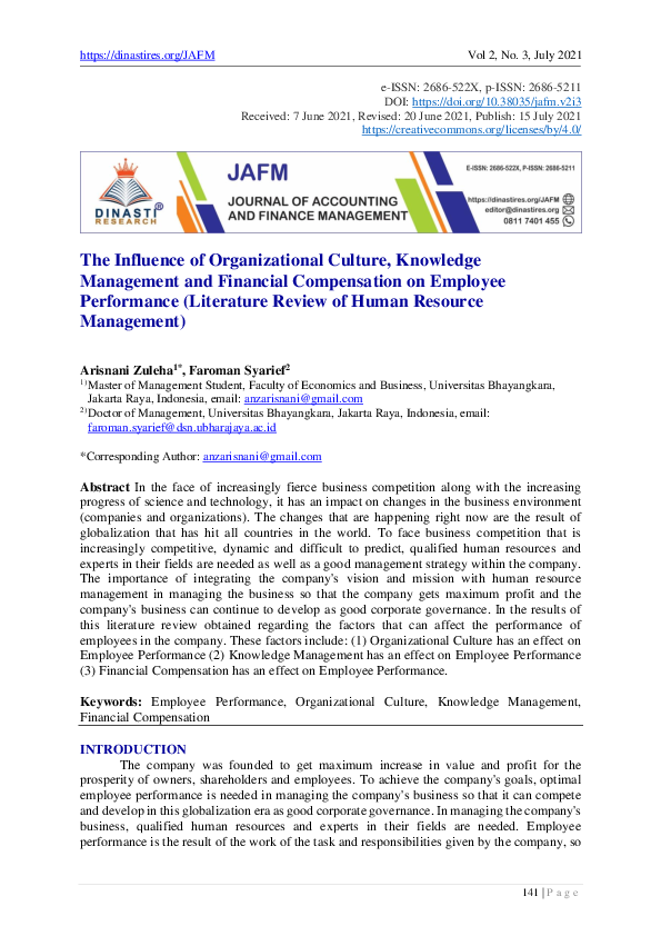 (PDF) The Influence of Organizational Culture, Knowledge Management and Financial Compensation ...