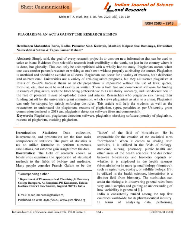 (PDF) PLAGIARISM - AN ACT AGAINST THE RESEARCH ETHICS
