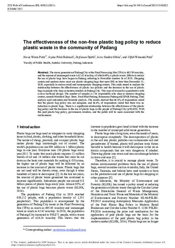 (PDF) The effectiveness of the non-free plastic bag policy to reduce ...