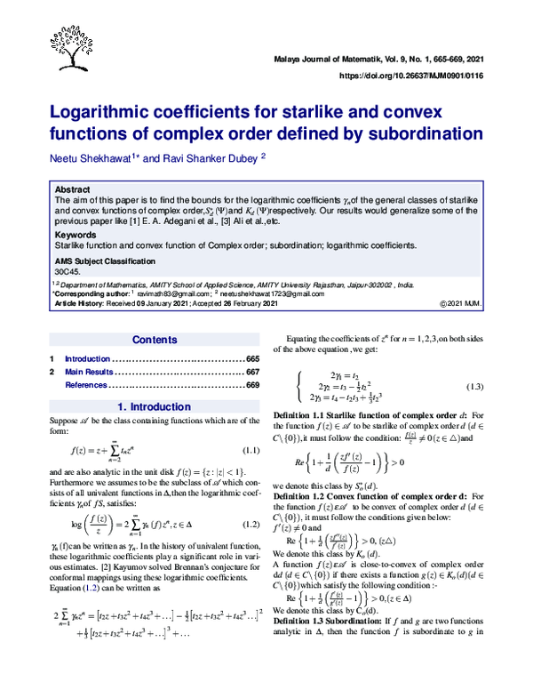 (PDF) Logarithmic coefficients for starlike and convex functions of complex order defined by ...