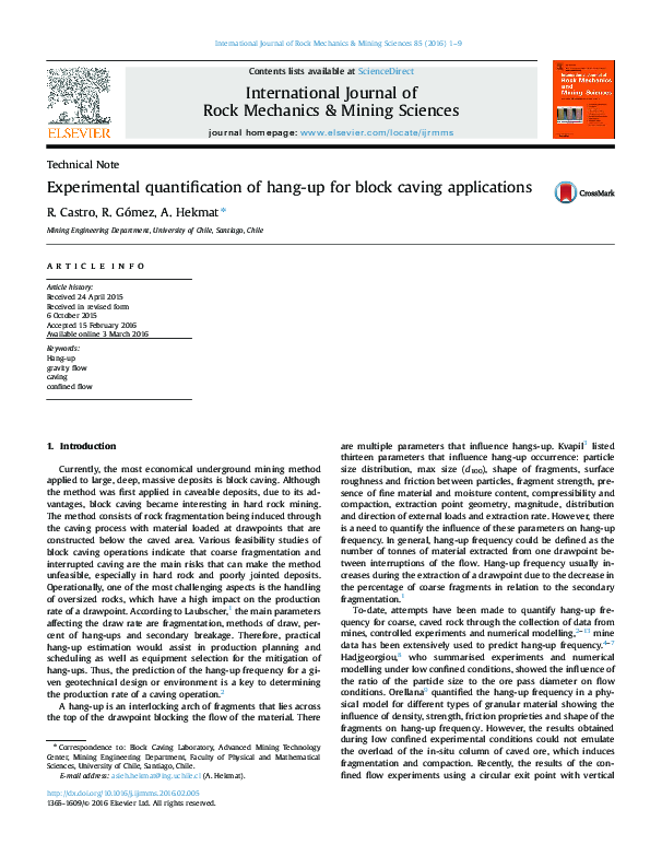 (PDF) Experimental quantification of hang-up for block caving applications