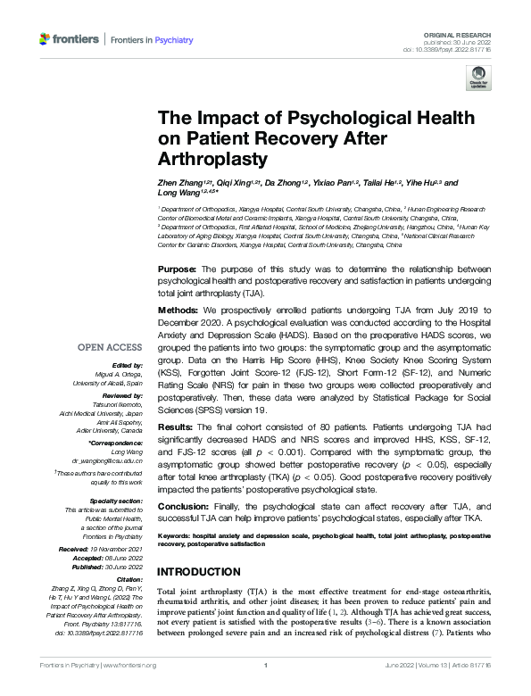 (PDF) The Impact of Psychological Health on Patient Recovery After ...