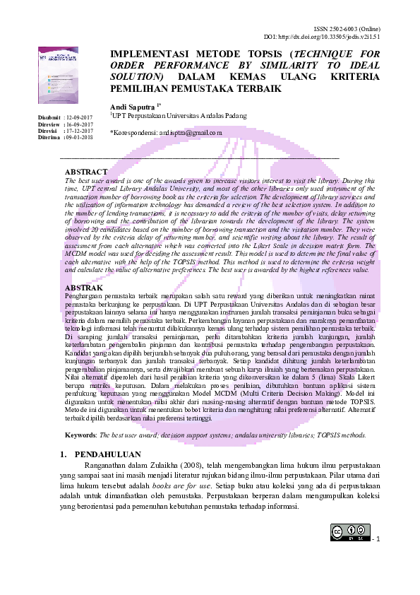(PDF) Implementasi Metode Topsis (Technique for Order Performance by Similarity to Ideal ...