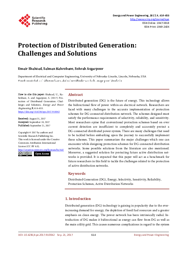 (PDF) Protection of Distributed Generation: Challenges and Solutions
