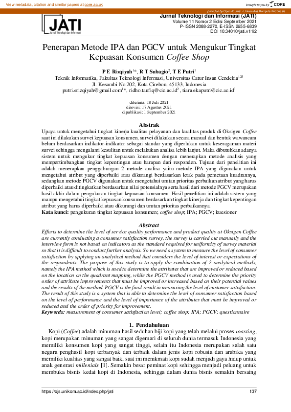 (PDF) Penerapan Metode IPA dan PGCV untuk Mengukur Tingkat Kepuasan Konsumen Coffee Shop