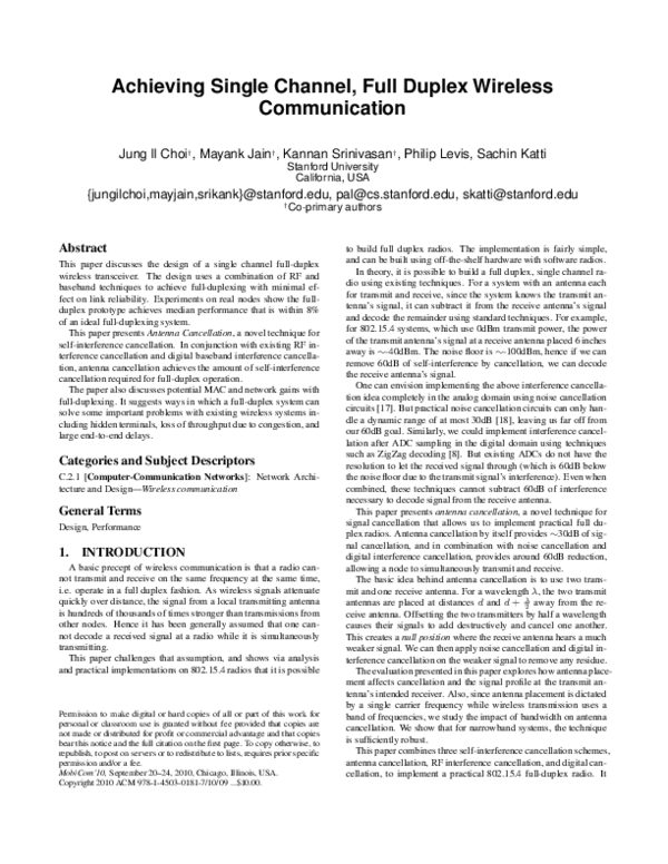 (PDF) Achieving single channel, full duplex wireless communication
