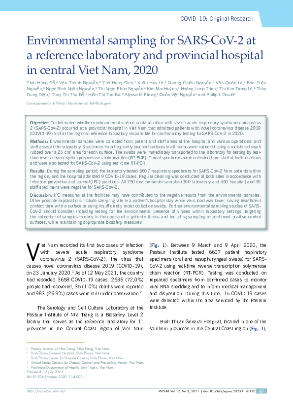(PDF) Environmental sampling for SARS-CoV-2 at a reference laboratory ...