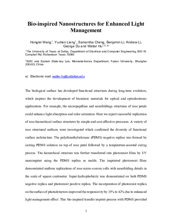 (PDF) Bio-inspired nanostructures for enhanced light management