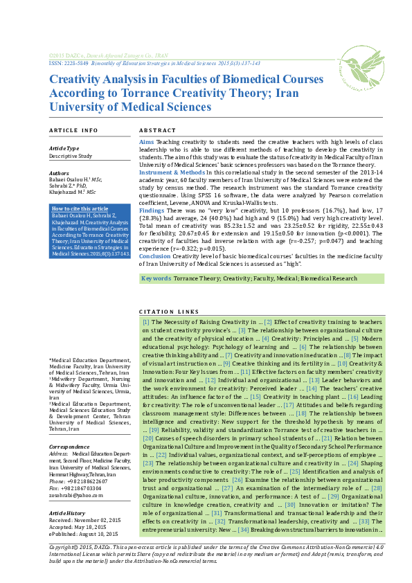 (PDF) Creativity Analysis in Faculties of Biomedical Courses According ...