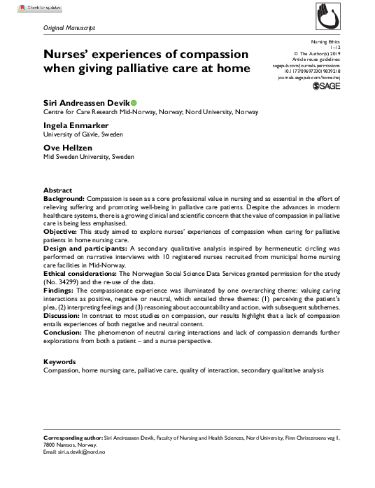(PDF) Nurses’ experiences of compassion when giving palliative care at home