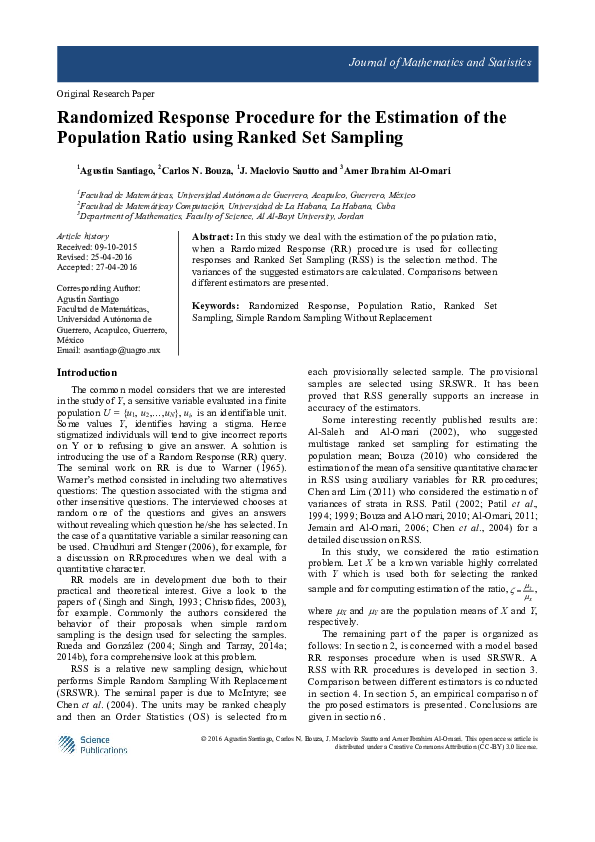 (PDF) Randomized Response Procedure for the Estimation of the Population Ratio using Ranked Set ...