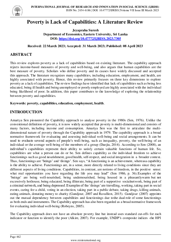 (PDF) Poverty is Lack of Capabilities: A Literature Review