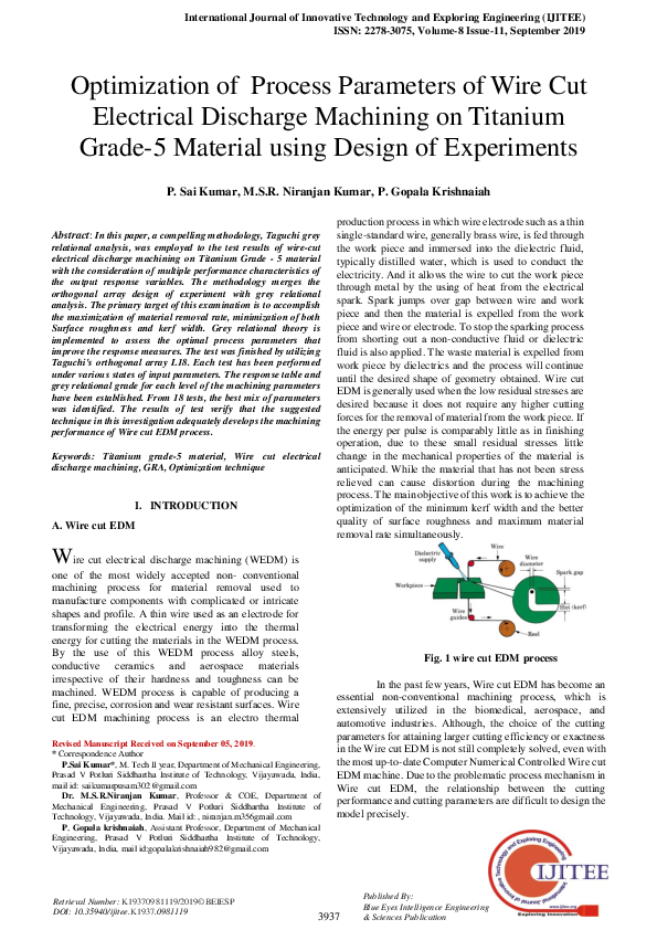 (PDF) Optimization of Process Parameters of Wire Cut Electrical Discharge Machining on Titanium ...
