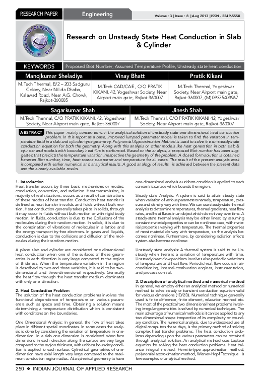 (PDF) Research on Unsteady State Heat Conduction in Slab & Cylinder