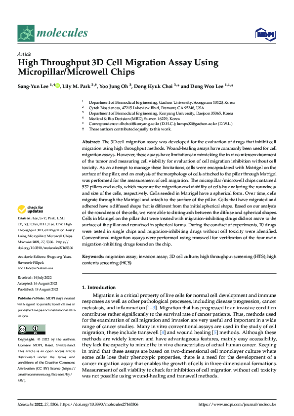 (PDF) High Throughput 3D Cell Migration Assay Using Micropillar/Microwell Chips