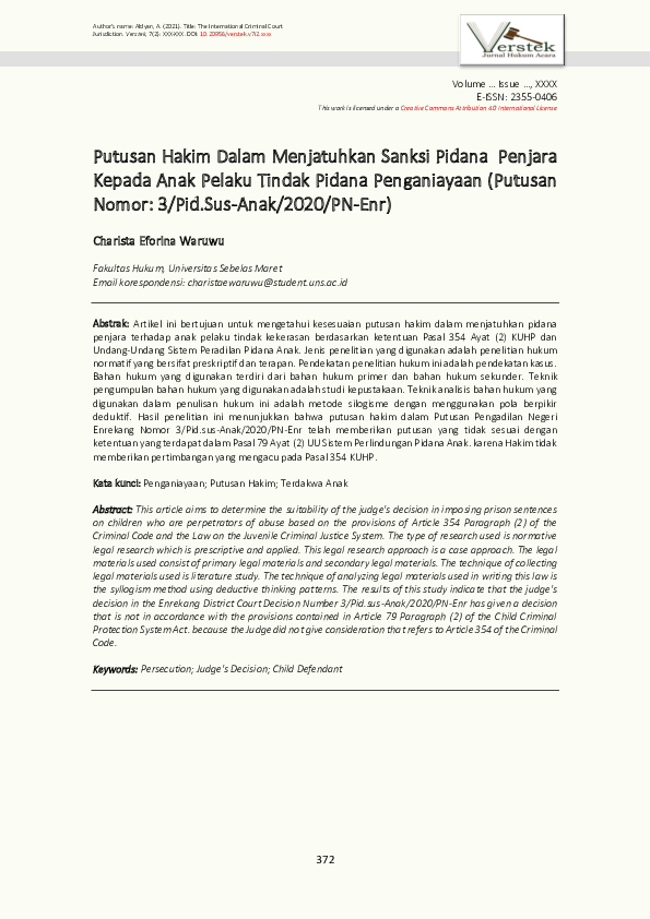 (PDF) Putusan Hakim Dalam Menjatuhkan Sanksi Pidana Penjara Kepada Anak Pelaku Tindak Pidana ...