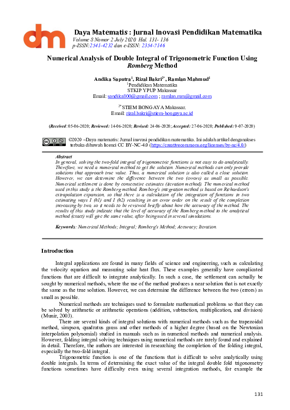 Pdf Numerical Analysis Of Double Integral Of Trigonometric Function Using Romberg Method