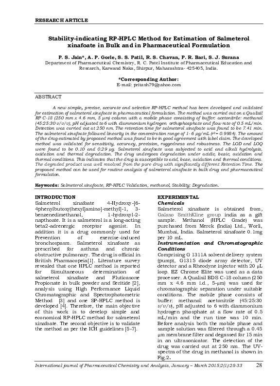 (PDF) Stability-indicating RP-HPLC Method for Estimation of Salmeterol xinafoate in Bulk and in ...