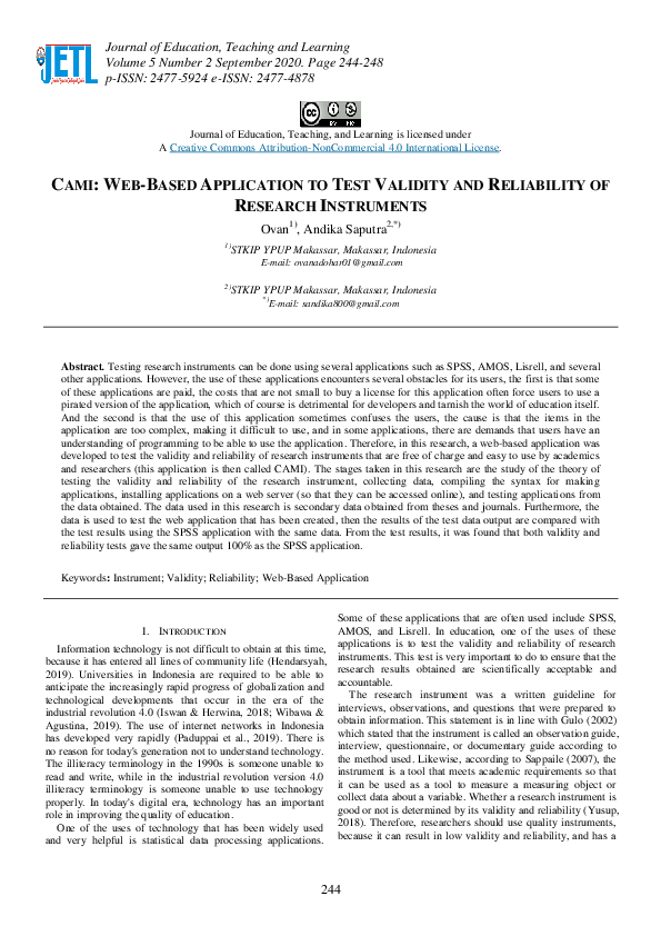 (PDF) CAMI: Web-Based Application to Test Validity and Reliability of ...