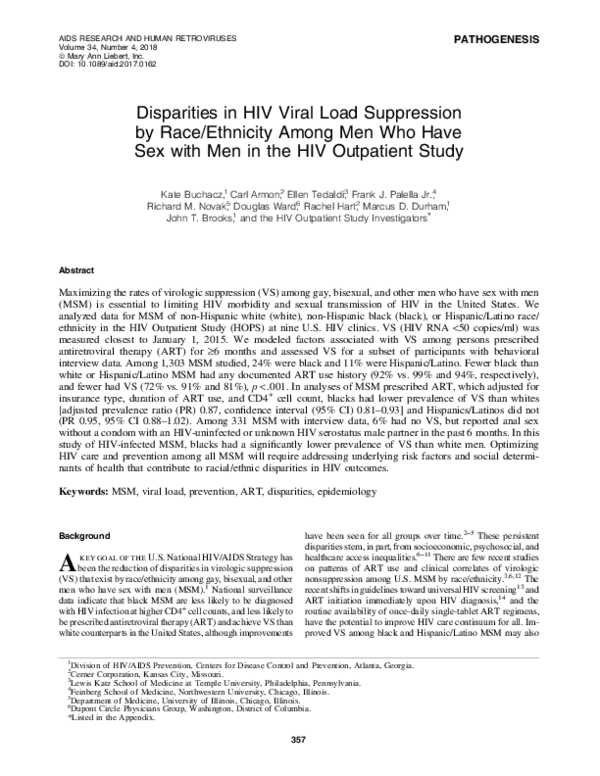 Pdf Disparities In Hiv Viral Load Suppression By Race Ethnicity Among Men Who Have Sex With