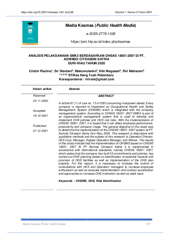 (PDF) Analisis Pelaksanaan SMK3 Berdasarkan Ohsas 18001:2007 DI Pt. Asrindo Citraseni Satria ...