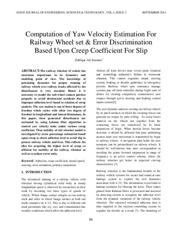 (PDF) Computation of Yaw Velocity Estimation For Railway Wheel set & Error Discrimination Based ...