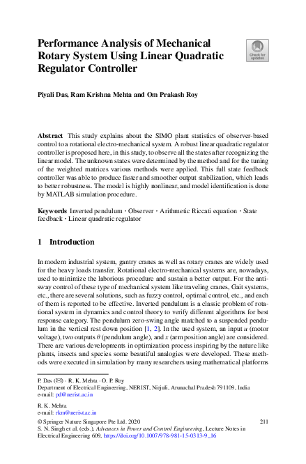 (PDF) Performance Analysis of Mechanical Rotary System Using Linear Quadratic Regulator Controller