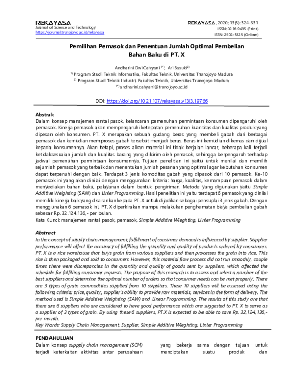 (PDF) Pemilihan Pemasok dan Penentuan Jumlah Optimal Pembelian Bahan Baku di PT. X | Ari Basuki ...