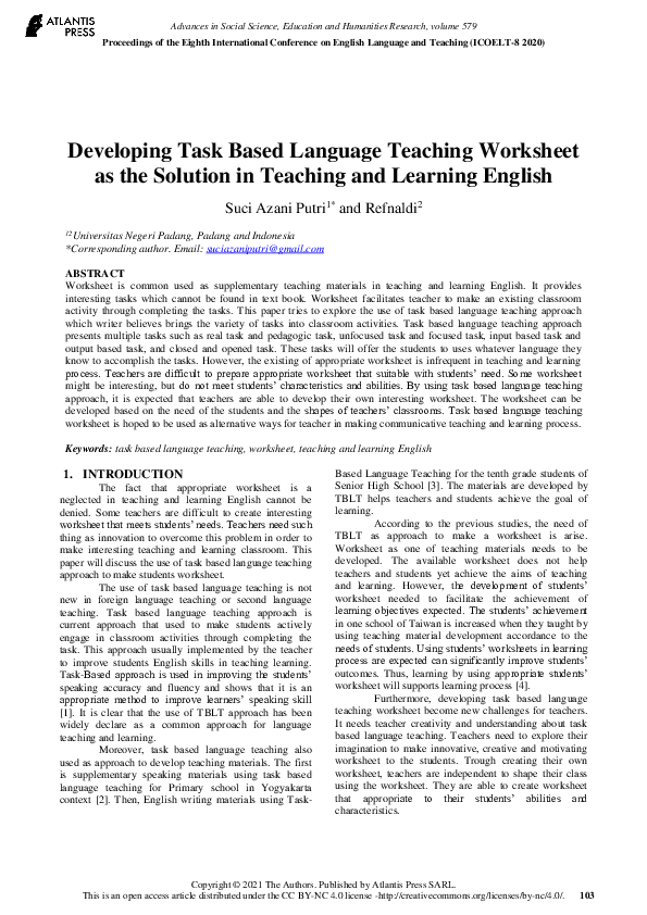 (PDF) Developing Task Based Language Teaching Worksheet as the Solution in Teaching and Learning ...