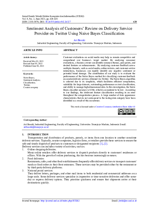 (PDF) Sentiment Analysis of Customers' Review on Delivery Service Provider on Twitter Using ...