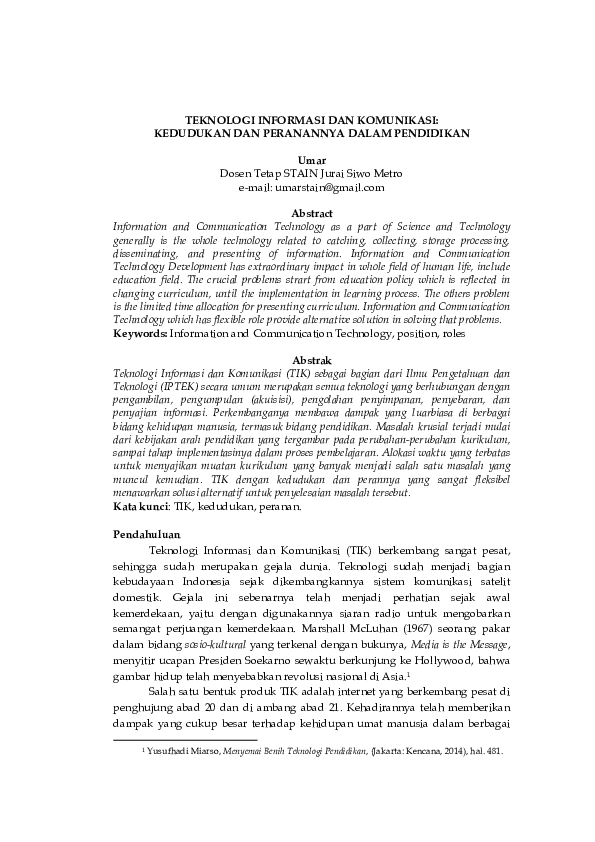 (PDF) Teknologi Informasi Dan Komunikasi: Kedudukan Dan Peranannya Dalam Pendidikan