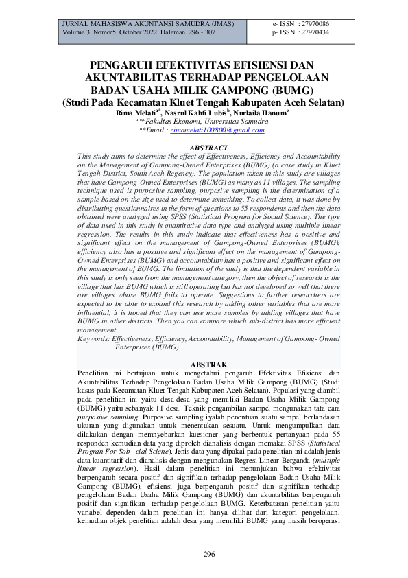 (PDF) PENGARUH EFEKTIVITAS EFISIENSI DAN AKUNTABILITAS TERHADAP PENGELOLAAN BADAN USAHA MILIK ...