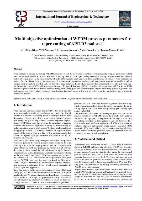 Pdf Multi Objective Optimization Of Wedm Process Parameters For Taper