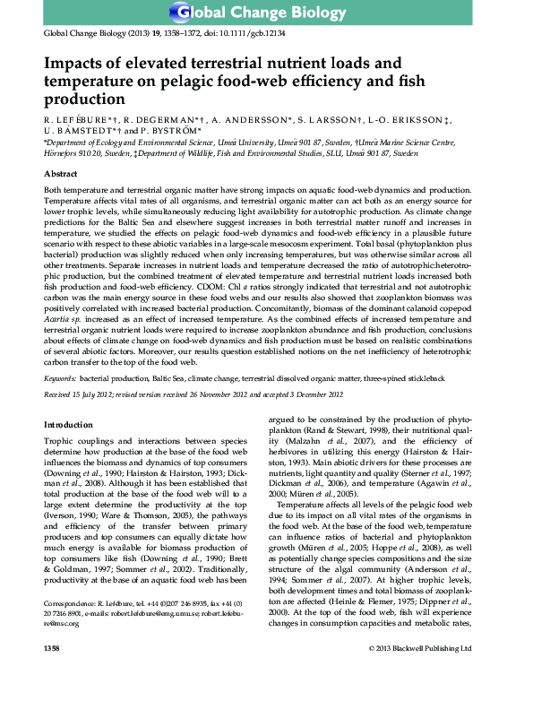 Pdf Impacts Of Elevated Terrestrial Nutrient Loads And Temperature On