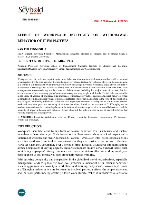 (PDF) Effect of Workplace Incivility on Withdrawal Behavior of It Employees