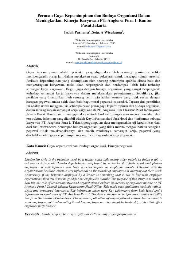 (PDF) Peranan Gaya Kepemimpinan dan Budaya Organisasi Dalam Meningkatkan Kinerja Karyawan PT ...