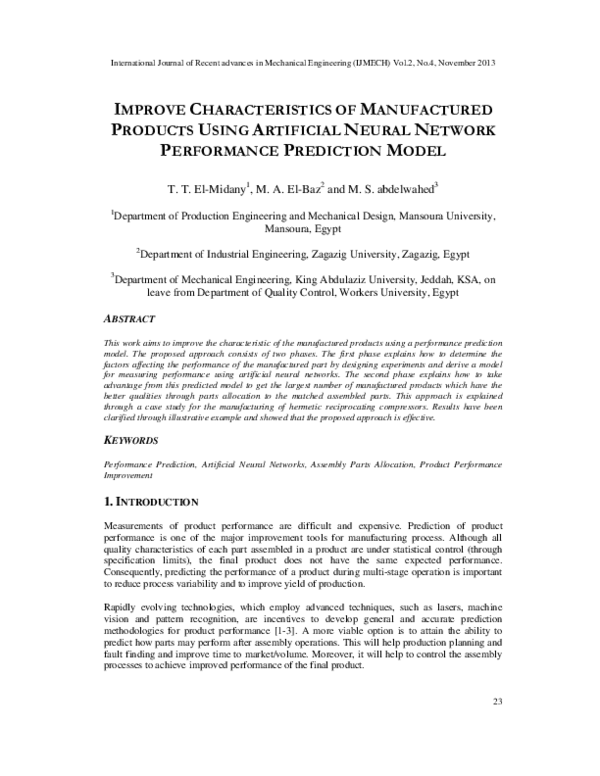 (PDF) IMPROVE CHARACTERISTICS OF MANUFACTURED PRODUCTS USING ARTIFICIAL NEURAL NETWORK ...