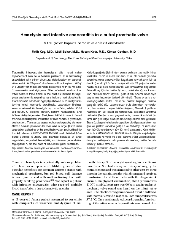 (PDF) Hemolysis and infective endocarditis in a mitral prosthetic valve