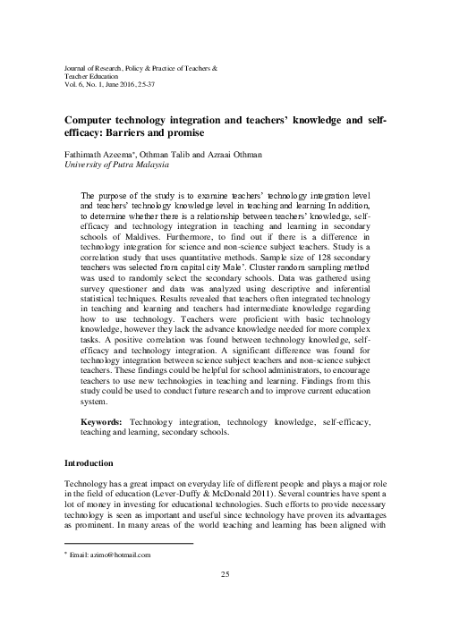 (PDF) Computer technology integration and teachers’ knowledge and self-efficacy: Barriers and ...