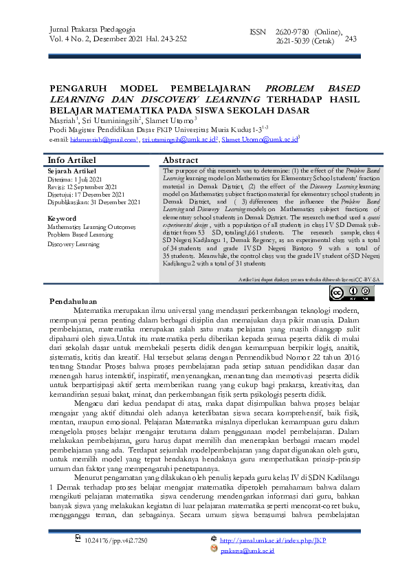 (PDF) Pengaruh Model Pembelajaran Problem Based Learning Dan Discovery Learning Terhadap Hasil ...