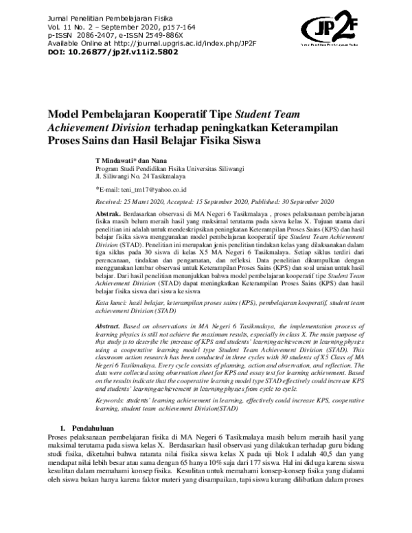 (PDF) Model Pembelajaran Kooperatif Tipe Student Team Achievement Division Terhadap Peningkatan ...