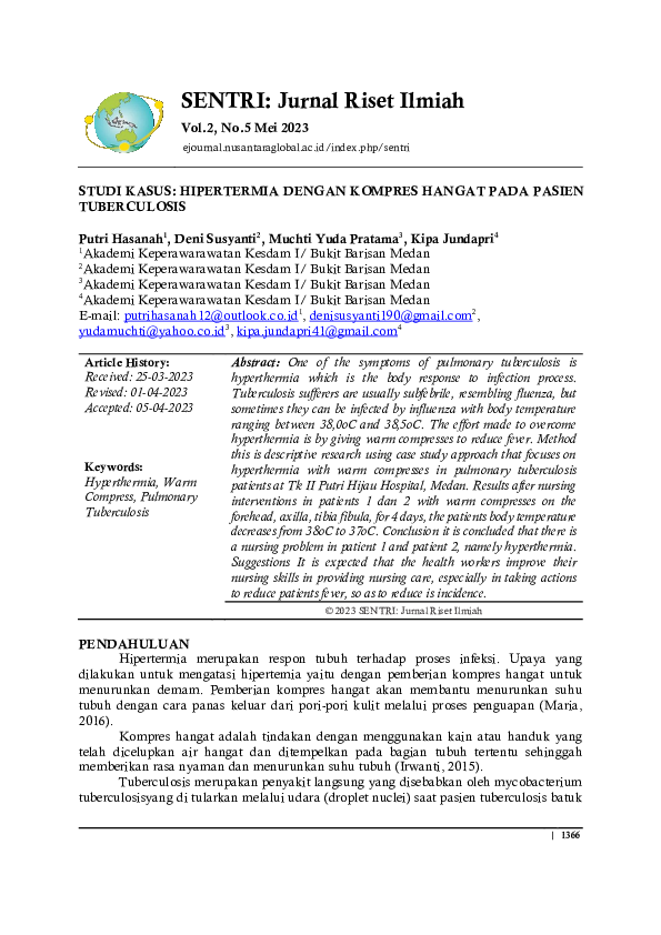 (PDF) Studi Kasus: Hipertermia Dengan Kompres Hangat Pada Pasien Tuberculosis